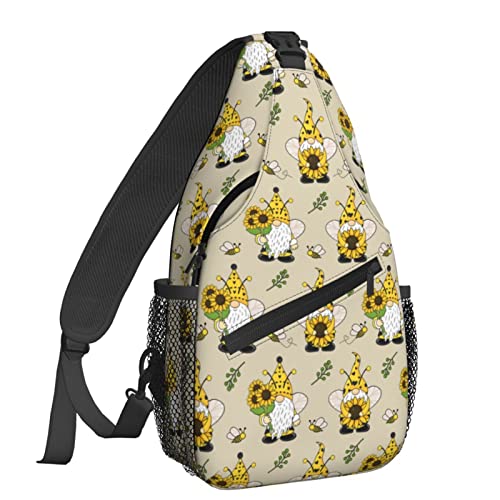 Famame Gnomes Bees And Sunflowers Sling Backpack Chest Bag Crossbody Shoulder Bag Gym Cycling Travel Hiking Daypack For Men Women