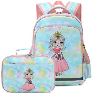 princess backpack for girls,kids school backpack kindergarten book bag set with lunch box (green-princess)