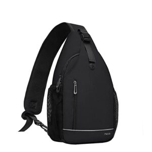 mosiso sling backpack,multipurpose travel hiking daypack rope crossbody shoulder bag with front buckle pouch&reflective strip, black