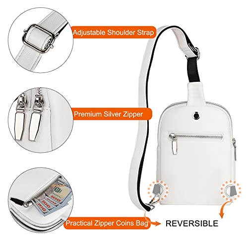 Aeeque Fanny Pack Crossbody Bags for Women Versatile, Sling Backpack Cross Body Vegan Leather,Easy Carrying Daypack Chest Sling Bag with Silver Zipper for Women Tavel Theme Parks, White