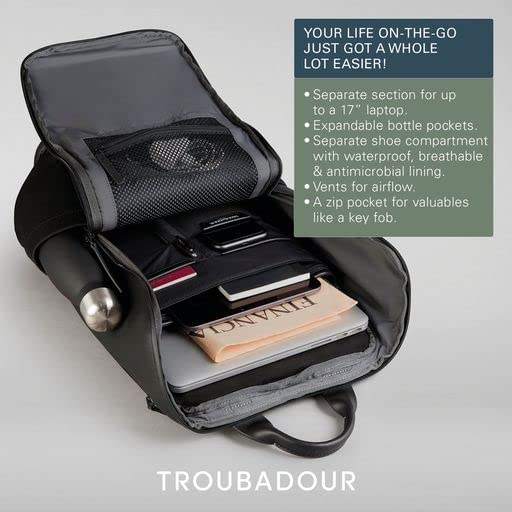 Troubadour Pioneer Backpack - Premium Easy-Access Backpack - Lightweight, Waterproof, Vegan Construction - Spacious Organization - Great for Travel, Work, School, the Gym, Sports or On-The-Go - Black