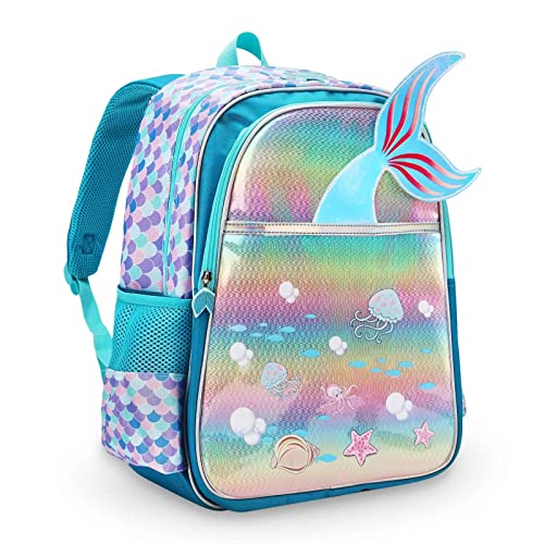 YOOVERSE Kids Backpack, Cute Mermaid Backpack for Girls, 16" Light Weight Waterproof School Backpack with Laptop Compartment (Backpack (one piece))