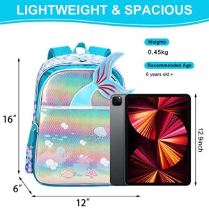 YOOVERSE Kids Backpack, Cute Mermaid Backpack for Girls, 16" Light Weight Waterproof School Backpack with Laptop Compartment (Backpack (one piece))