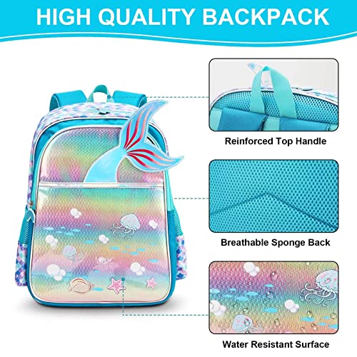 YOOVERSE Kids Backpack, Cute Mermaid Backpack for Girls, 16" Light Weight Waterproof School Backpack with Laptop Compartment (Backpack (one piece))