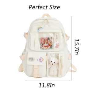 Kawaii Backpack with Kawaii Pin And Accessories, Cute Preppy Travel Backpack for Girls School with Plush Pendant (Beige)