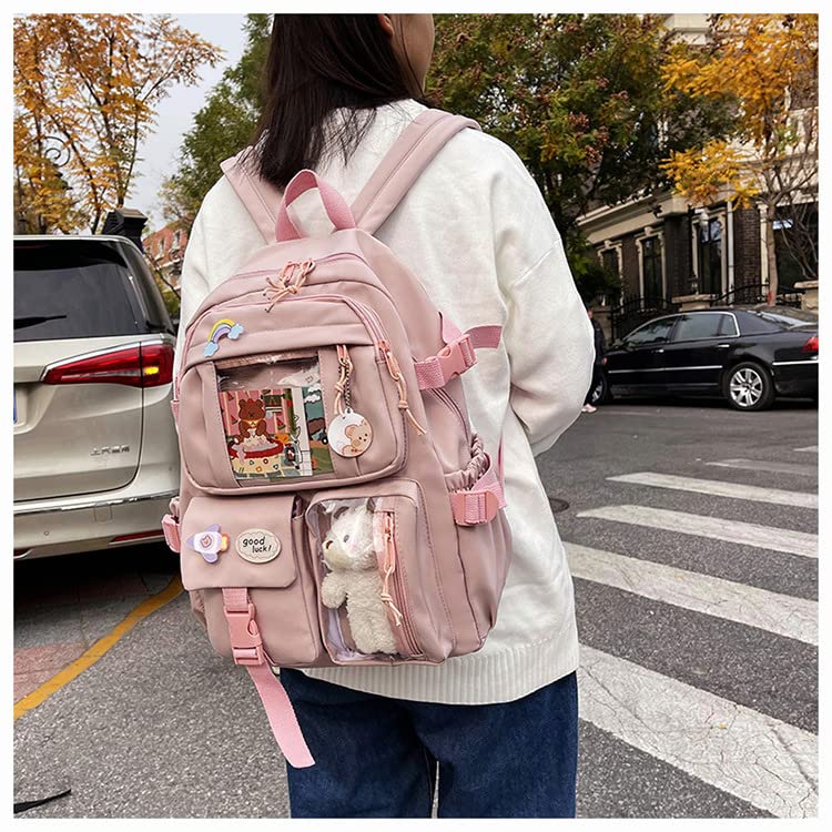 Kawaii Backpack with Kawaii Pin And Accessories, Cute Preppy Travel Backpack for Girls School with Plush Pendant (Beige)