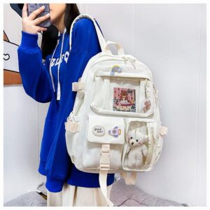 Kawaii Backpack with Kawaii Pin And Accessories, Cute Preppy Travel Backpack for Girls School with Plush Pendant (Beige)