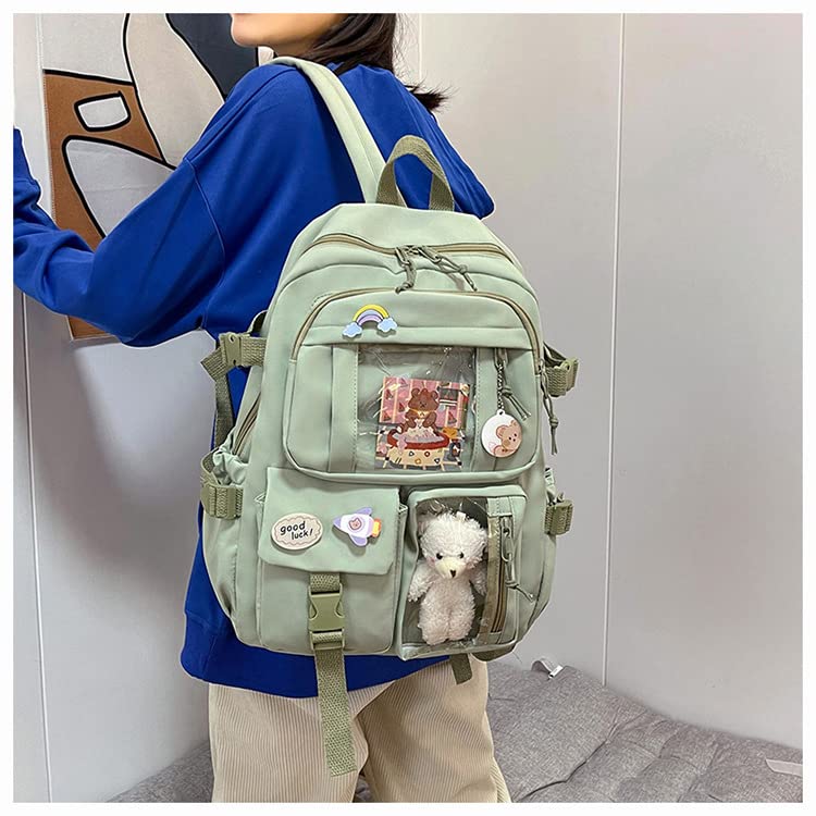 Kawaii Backpack with Kawaii Pin And Accessories, Cute Preppy Travel Backpack for Girls School with Plush Pendant (Beige)