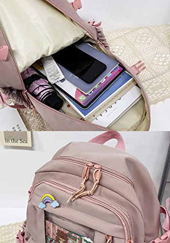 Kawaii Backpack with Kawaii Pin And Accessories, Cute Preppy Travel Backpack for Girls School with Plush Pendant (Beige)