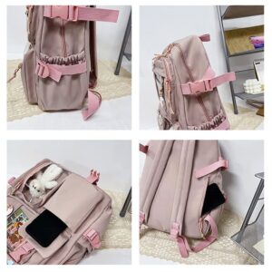 Kawaii Backpack with Kawaii Pin And Accessories, Cute Preppy Travel Backpack for Girls School with Plush Pendant (Beige)