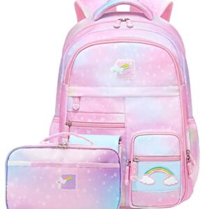 Backpacks for Girls School Cute Kids Backpack Bookbags with Insulated Lunch Box Set for School Elementary girl, Tie Dye School Bag with Laptop Compartments 16*11.5*7.5, Galaxy Pink