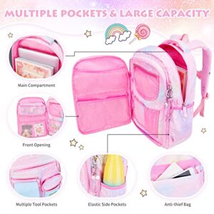 Backpacks for Girls School Cute Kids Backpack Bookbags with Insulated Lunch Box Set for School Elementary girl, Tie Dye School Bag with Laptop Compartments 16*11.5*7.5, Galaxy Pink