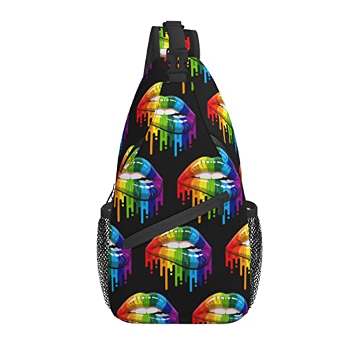 Ultra Lightweight Sling Backpack Chest Sling Shoulder Backpacks Bags Multipurpose Anti-Theft Rucksack for Climbing Camping Cycling Travel, Gay Homosexual Lesbian Rainbow Lips Pride Art