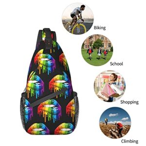 Ultra Lightweight Sling Backpack Chest Sling Shoulder Backpacks Bags Multipurpose Anti-Theft Rucksack for Climbing Camping Cycling Travel, Gay Homosexual Lesbian Rainbow Lips Pride Art