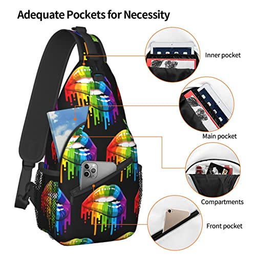 Ultra Lightweight Sling Backpack Chest Sling Shoulder Backpacks Bags Multipurpose Anti-Theft Rucksack for Climbing Camping Cycling Travel, Gay Homosexual Lesbian Rainbow Lips Pride Art