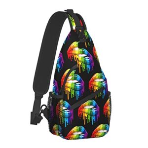 Ultra Lightweight Sling Backpack Chest Sling Shoulder Backpacks Bags Multipurpose Anti-Theft Rucksack for Climbing Camping Cycling Travel, Gay Homosexual Lesbian Rainbow Lips Pride Art