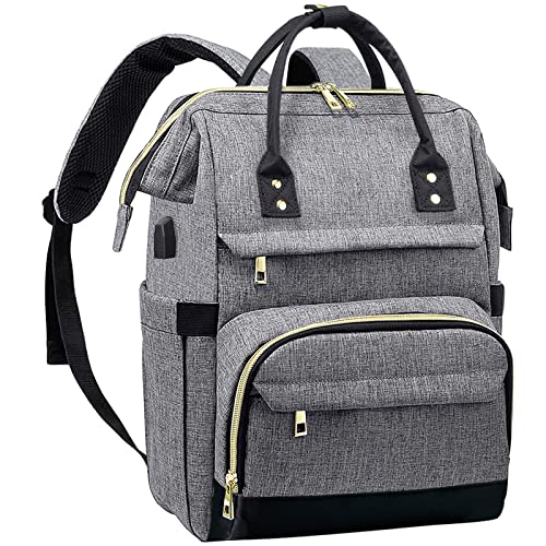 Water Resistant Large Travel Bags, Business Teacher Nurse Computer Purse Work Bag with USB Charging Port, Fit 15.6 Inch Laptop Backpack for Women Men, Grey Black