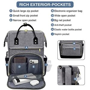 Water Resistant Large Travel Bags, Business Teacher Nurse Computer Purse Work Bag with USB Charging Port, Fit 15.6 Inch Laptop Backpack for Women Men, Grey Black