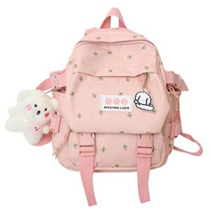 lovemore aesthetic kawaii backpack for school japanese cute mini backpack for teen girls flowers school bag with kawaii pendants (pink,with 1 bear+1 acrylic pendant)