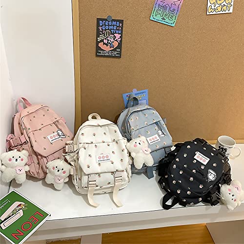 LOVEMORE Aesthetic Kawaii Backpack for School Japanese Cute Mini Backpack for Teen Girls Flowers School Bag with Kawaii Pendants (Pink,with 1 Bear+1 Acrylic Pendant)