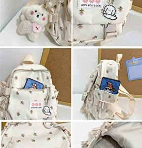 LOVEMORE Aesthetic Kawaii Backpack for School Japanese Cute Mini Backpack for Teen Girls Flowers School Bag with Kawaii Pendants (Pink,with 1 Bear+1 Acrylic Pendant)