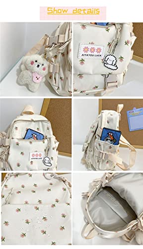 LOVEMORE Aesthetic Kawaii Backpack for School Japanese Cute Mini Backpack for Teen Girls Flowers School Bag with Kawaii Pendants (Pink,with 1 Bear+1 Acrylic Pendant)