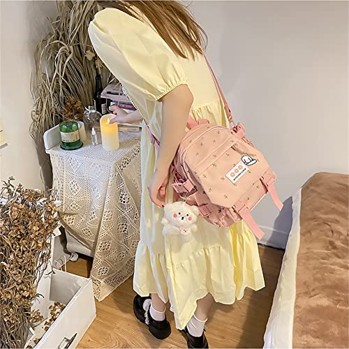 LOVEMORE Aesthetic Kawaii Backpack for School Japanese Cute Mini Backpack for Teen Girls Flowers School Bag with Kawaii Pendants (Pink,with 1 Bear+1 Acrylic Pendant)