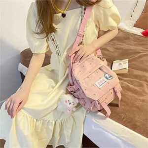 LOVEMORE Aesthetic Kawaii Backpack for School Japanese Cute Mini Backpack for Teen Girls Flowers School Bag with Kawaii Pendants (Pink,with 1 Bear+1 Acrylic Pendant)