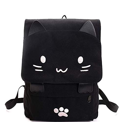 Black College Cute Cat Embroidery Canvas School Backpack Bags(Cat-W) 43cm