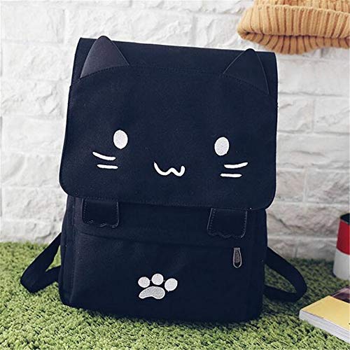 Black College Cute Cat Embroidery Canvas School Backpack Bags(Cat-W) 43cm