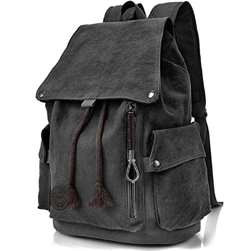 Black Canvas Backpack Vintage Backpack Daypack for Men Women Laptop School Travel Rucksack