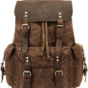 HuaChen Rugged Leather and Waxed Canvas Backpack for Men, Shoulder Rucksack for Travel Laptop School Hiking (M80_Brown)