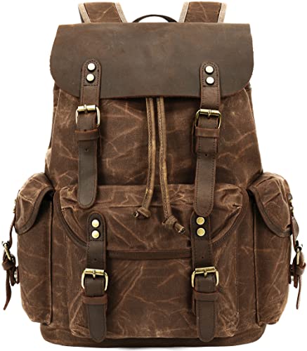 HuaChen Rugged Leather and Waxed Canvas Backpack for Men, Shoulder Rucksack for Travel Laptop School Hiking (M80_Brown)