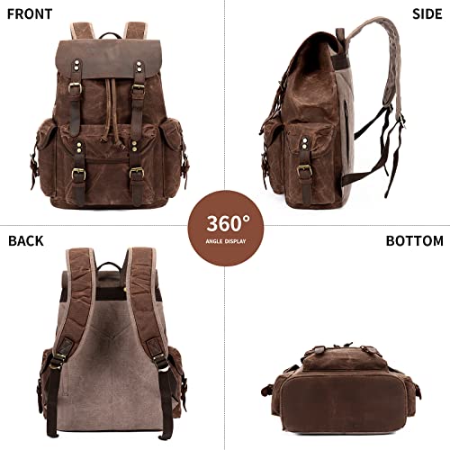 HuaChen Rugged Leather and Waxed Canvas Backpack for Men, Shoulder Rucksack for Travel Laptop School Hiking (M80_Brown)