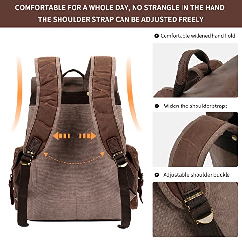 HuaChen Rugged Leather and Waxed Canvas Backpack for Men, Shoulder Rucksack for Travel Laptop School Hiking (M80_Brown)