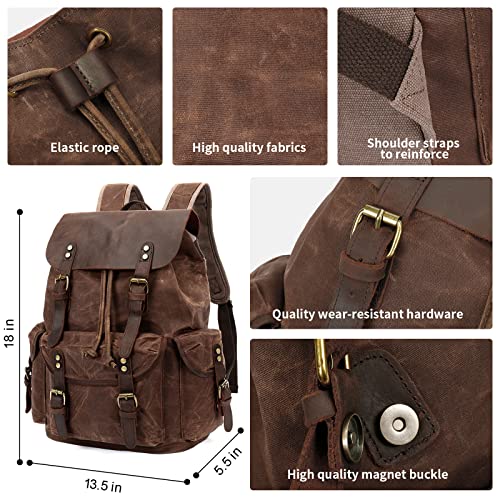 HuaChen Rugged Leather and Waxed Canvas Backpack for Men, Shoulder Rucksack for Travel Laptop School Hiking (M80_Brown)