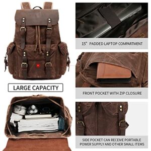 HuaChen Rugged Leather and Waxed Canvas Backpack for Men, Shoulder Rucksack for Travel Laptop School Hiking (M80_Brown)