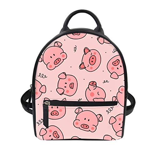 Aoopistc Cute Pink Pig Pattern PU Leather Backpacks Teen Girls Mini School Backpack Portable Travel Shopping Daypack