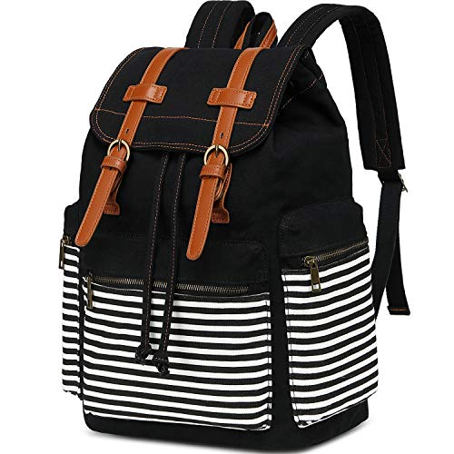 Bluboon Canvas School Backpack Women College Bookbag Girls Travel Rucksack 15.6Inch Laptop Bag (Black Stripe)