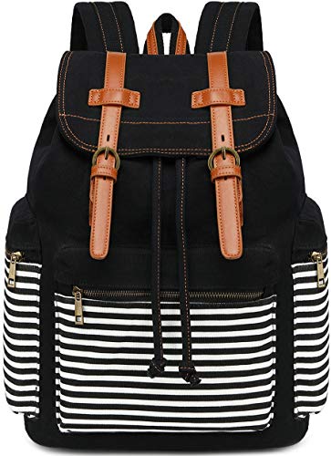 Bluboon Canvas School Backpack Women College Bookbag Girls Travel Rucksack 15.6Inch Laptop Bag (Black Stripe)