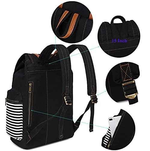 Bluboon Canvas School Backpack Women College Bookbag Girls Travel Rucksack 15.6Inch Laptop Bag (Black Stripe)