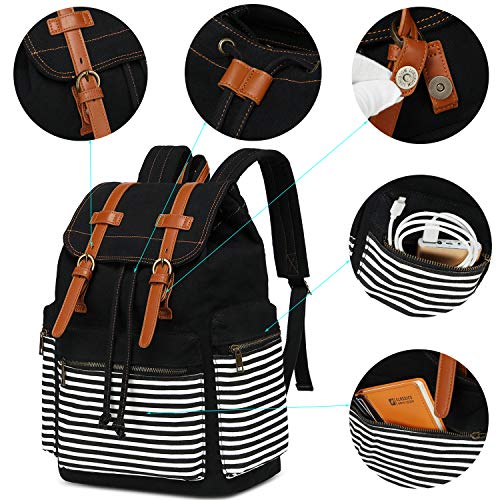 Bluboon Canvas School Backpack Women College Bookbag Girls Travel Rucksack 15.6Inch Laptop Bag (Black Stripe)