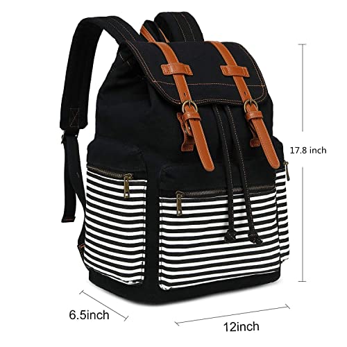 Bluboon Canvas School Backpack Women College Bookbag Girls Travel Rucksack 15.6Inch Laptop Bag (Black Stripe)