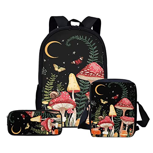 WELLFLYHOM Mushroom Backpack Purse with Small Crossbody Bag for School Girls Moon Star Butterfly Bookbag School Bag Cute Pencil Case for Elementary Primary Students Bagpack Satchel for Women