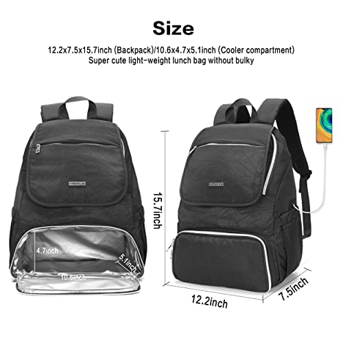 KNOWVAN Lunch Backpack for Women,2-in-1 backpack with lunch compartment ,Large Capacity Lightweight Waterproof & Leakproof Teacher Nurse Work Backpacks with USB Port，Black