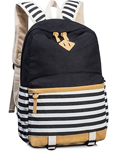 Leaper Navy Style School Laptop Backpack Girls Striped Canvas Bookbag Black