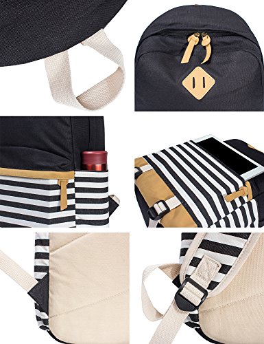 Leaper Navy Style School Laptop Backpack Girls Striped Canvas Bookbag Black