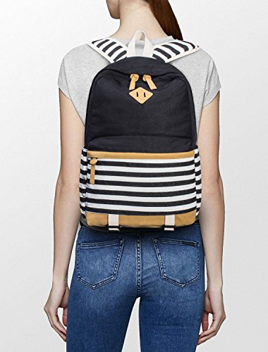 Leaper Navy Style School Laptop Backpack Girls Striped Canvas Bookbag Black