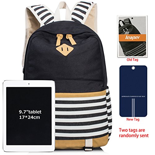 Leaper Navy Style School Laptop Backpack Girls Striped Canvas Bookbag Black