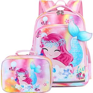 LEDAOU Kids Preschool Backpack Lunch Box Girls Kindergarten BookBag Primary Waterproof Galaxy School Bag 7 Pockets with Chest Strap